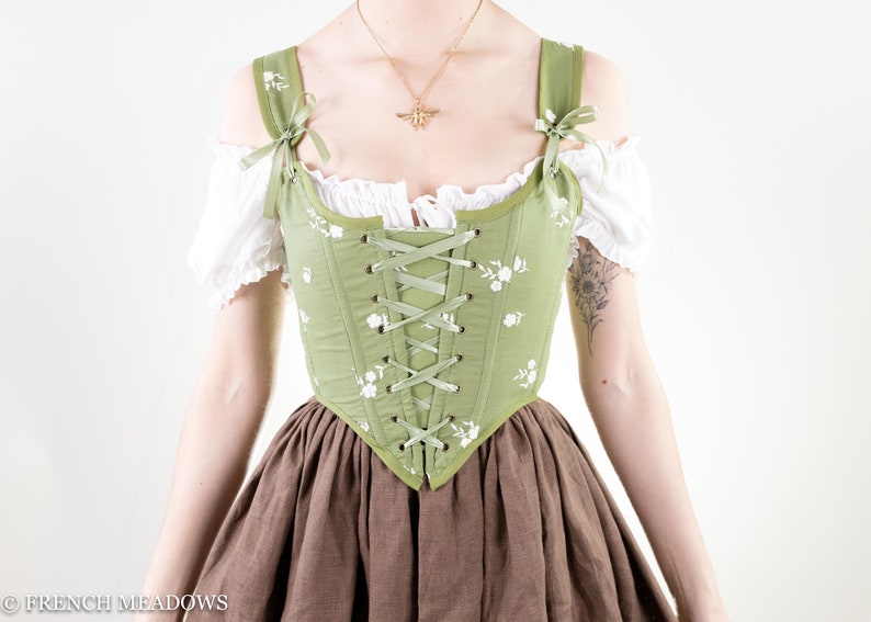 Renaissance Corset Bodice in Green and White Embroidered - Etsy