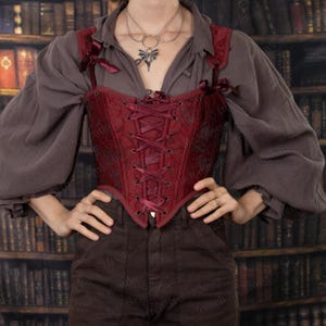 Dark Red Floral Jacquard Corset: Renaissance Bodice - Removable Straps ...