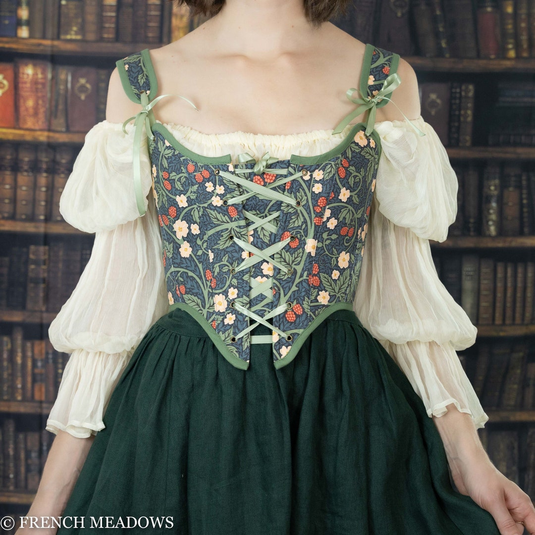 Renaissance Corset Bodice Victorian Raspberries Green Floral Corset Top ...