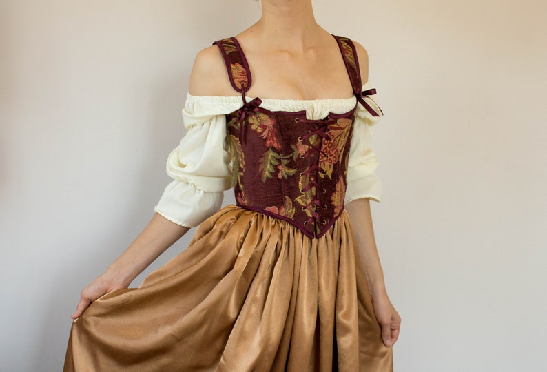 Renaissance Corset Peasant Bodice Brown Jacobean Floral With Etsy