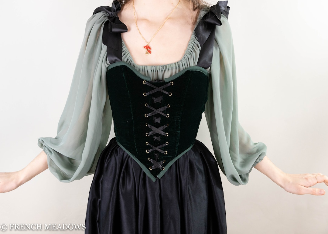 READY TO SHIP Renaissance Corset Bodice in Green Velvet With Ribbons ...