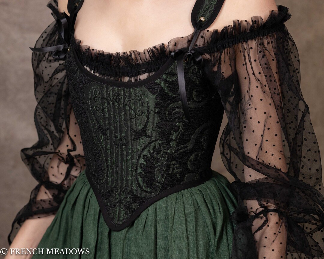 Handmade Renaissance Corset Bodice in Black and Green Brocade | Stays Corset W Straps ...