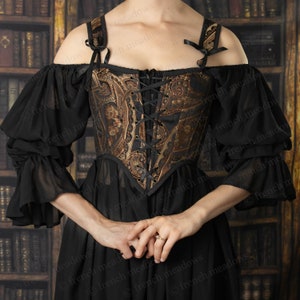 Renaissance Corset Bodice Stays in Black and Gold Paisley Jacquard Corset Top Cottage Core ...
