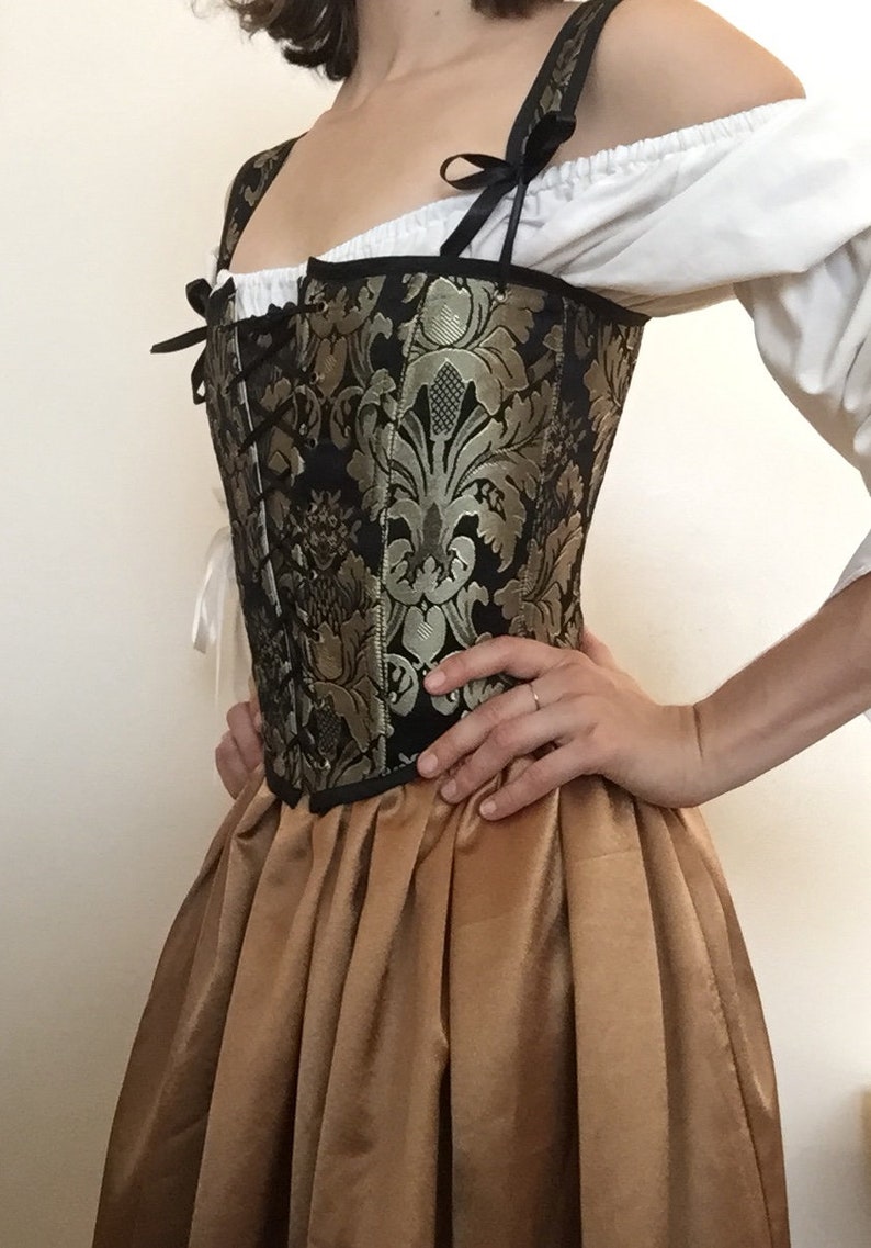 Renaissance Corset Peasant Bodice Floral Black And Gold Etsy