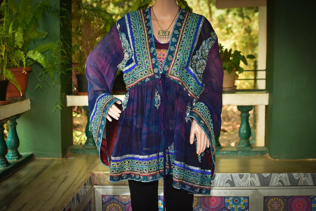 Flared Sleeve Chiffon Wrap Dress • Vintage Hippy Goddess Duster • Party ...