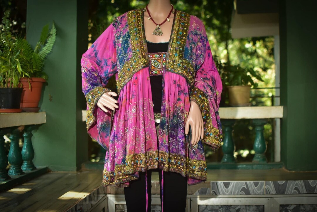 Sari Silk Flared Sleeve Dress • Cover up Jacket • Festival Outfit ...