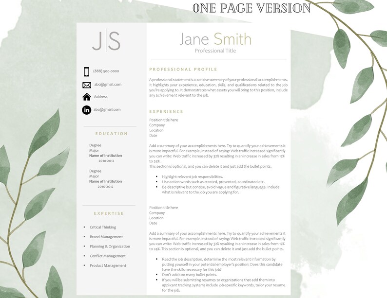 Professional Resume Template | Modern Resume Template | 1 & 2 Page ...