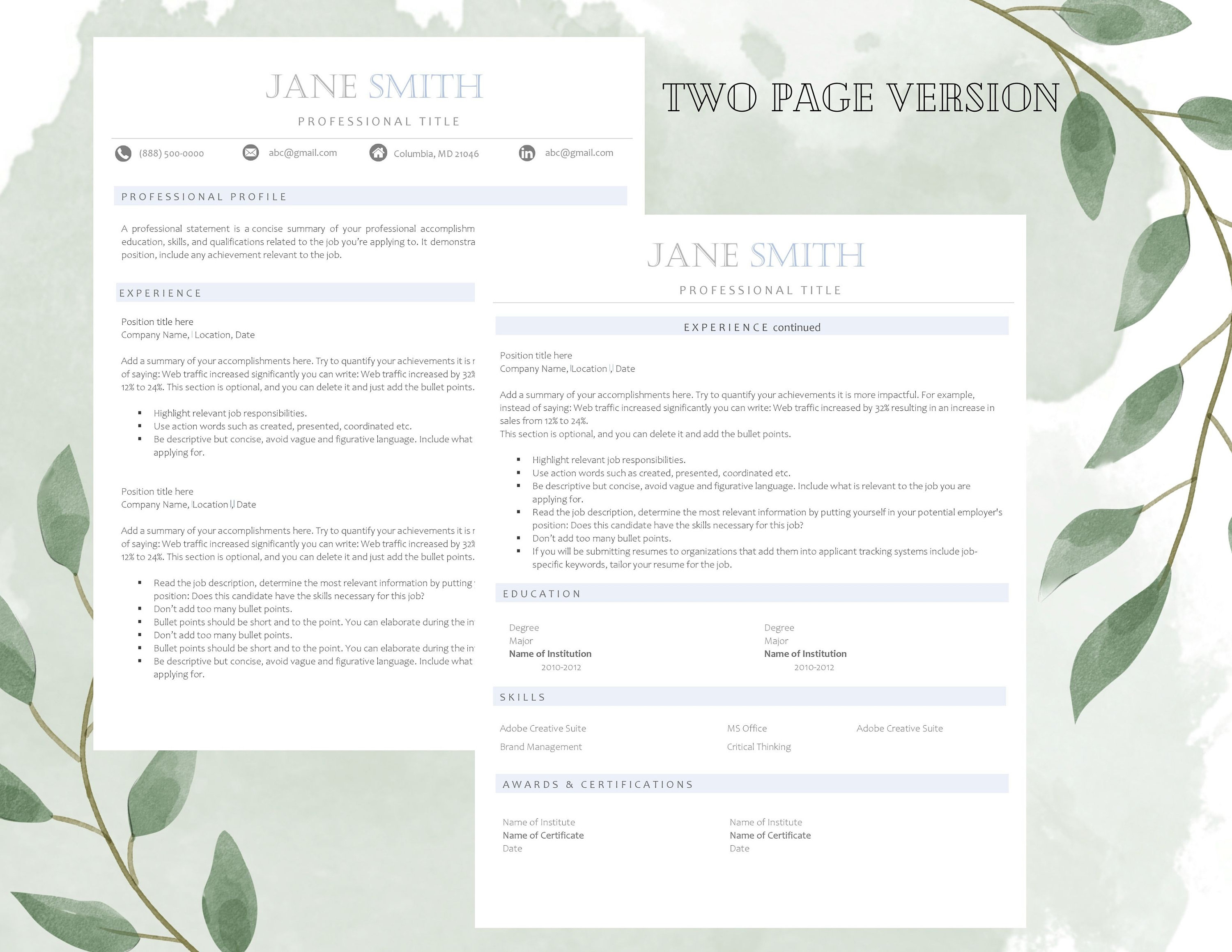 ATS Resume Template ATS Compatible Modern Resume Template 1 & 2 Page ...