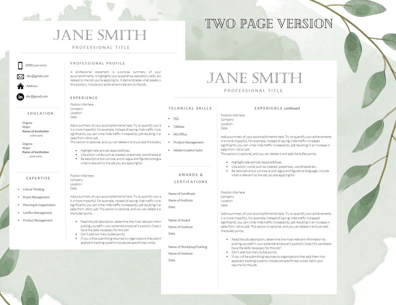 Professional Resume Template | Modern Resume Template | 1 & 2 Page ...