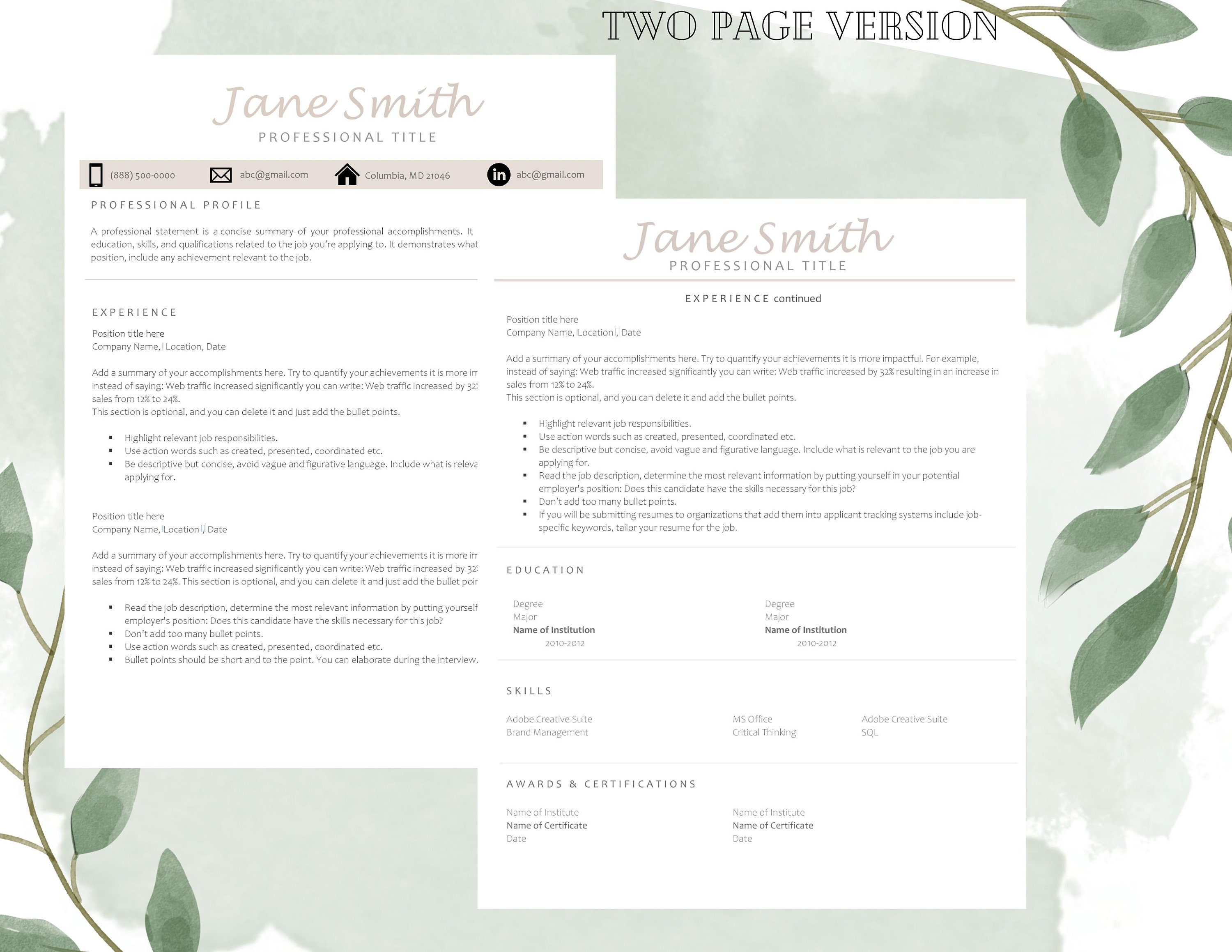 ATS Resume Template | ATS Compatible | Modern Resume Template | 1 & 2 ...