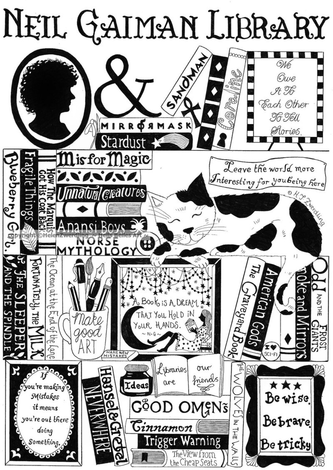 Neil Gaiman Library a High Quality, Framed A4 Print of an Original ...