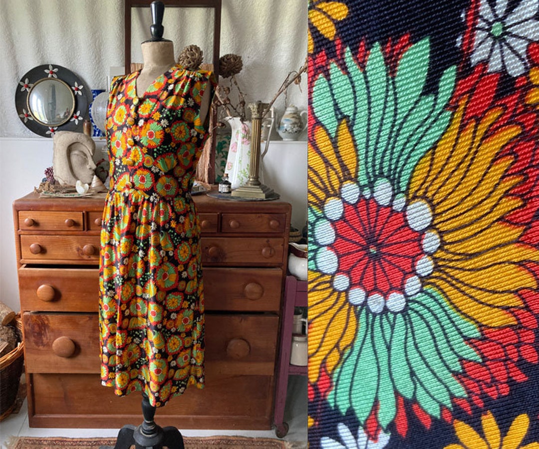SIZE 14 / 1960s ‘varushka’ Psychedelic Flower Print Fine Jersey Evening ...