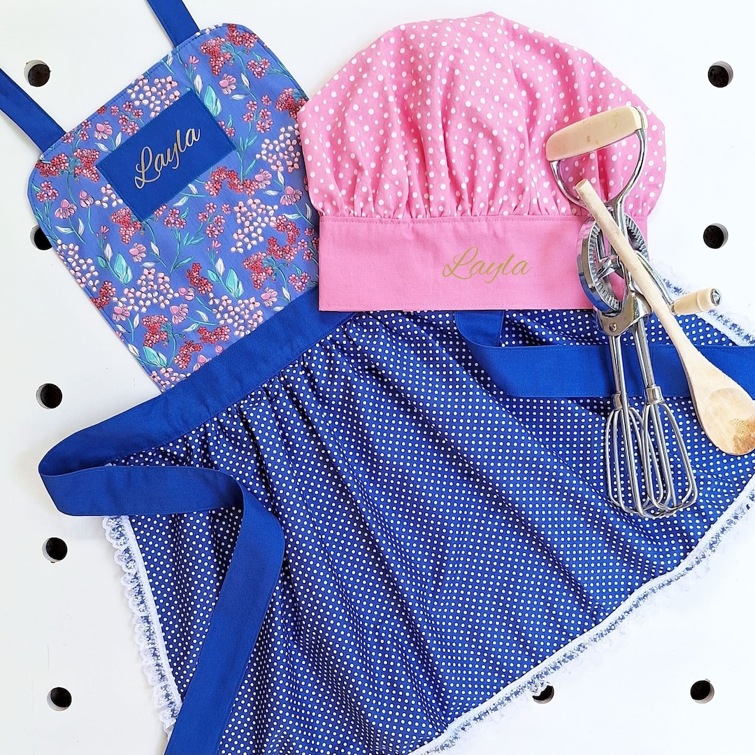 Cobalt Blue Apron Set Floral Apron Kids Apron and Hat Kids Apron Set ...