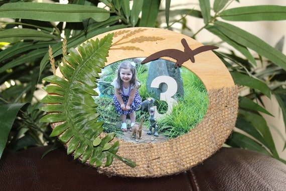 Items similar to Wood and Burlap Oval Dinosaur Picture Frame Holds 4 x ...