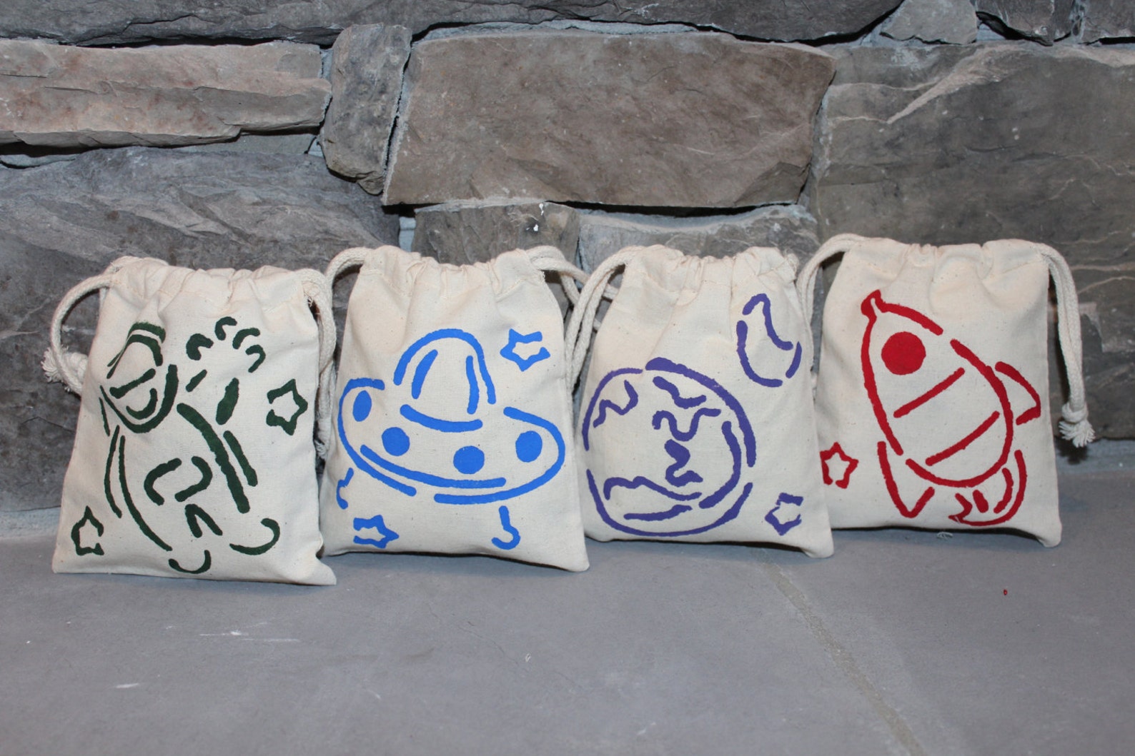 Set of 4 Hand-stenciled Outer Space Gift or Party Favor Bags Cotton ...