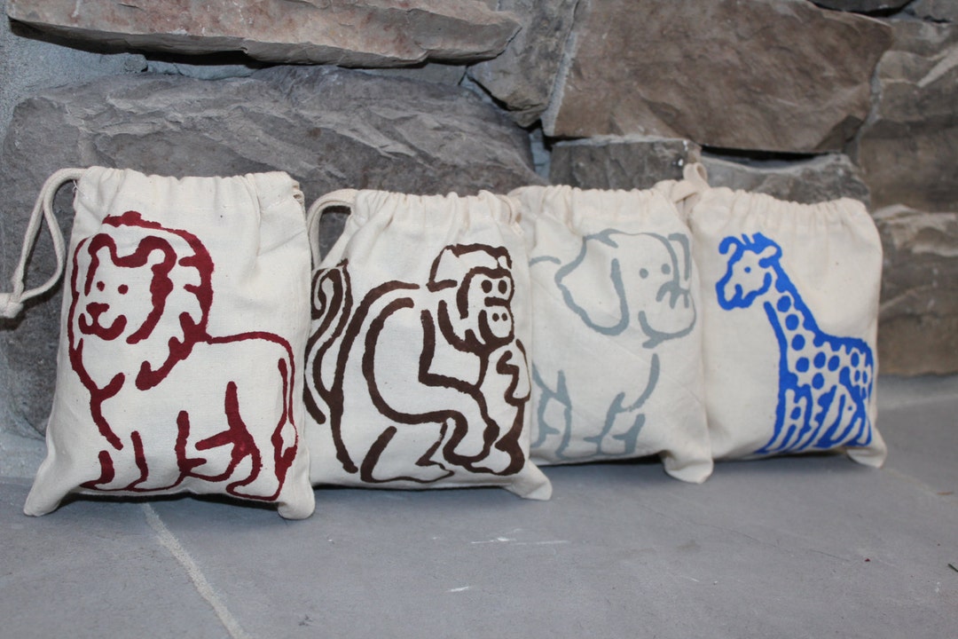 Set of 4 Hand-stenciled Zoo Jungle Animals Gift or Party Favor Bags ...