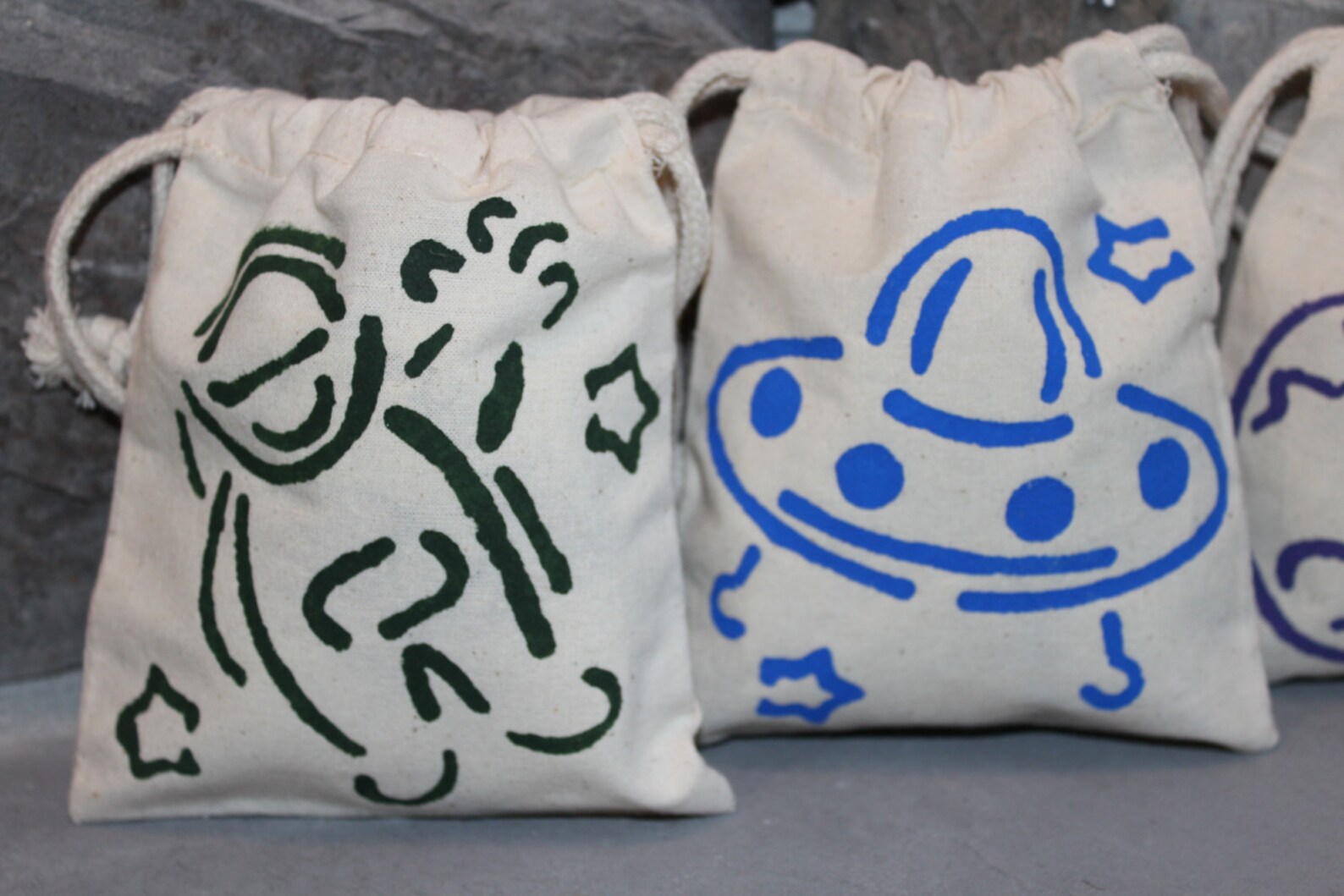 Set of 4 Hand-stenciled Outer Space Gift or Party Favor Bags Cotton ...