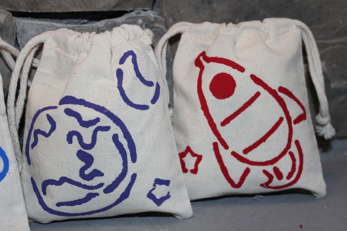 Set of 4 Hand-stenciled Outer Space Gift or Party Favor Bags Cotton ...