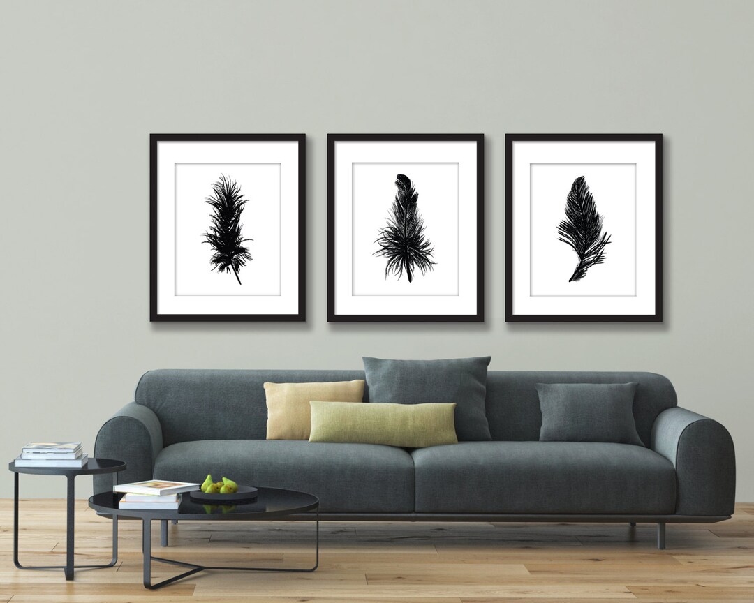 Set of 3 Black and White Feather Prints/ Modern Feather Prints/ Ink ...