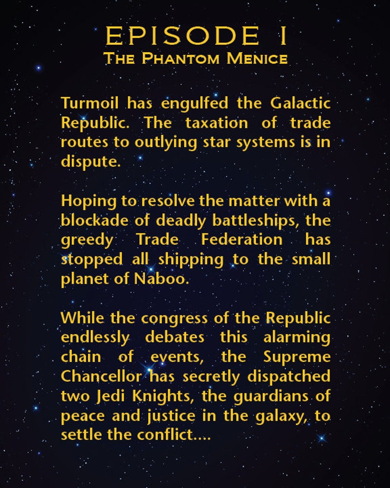 All 6 Star Wars Movies Each Episode Opening Crawl Text for - Etsy