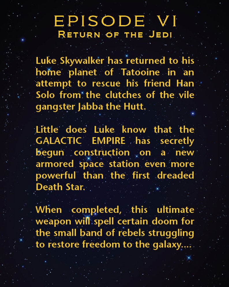 All 9 Star Wars Movies Each Episode Opening Crawl Text for - Etsy