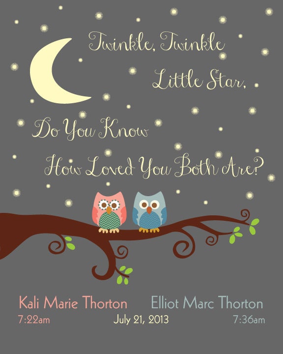 Twinkle Twinkle Little Star Owl Nursery Print for Twins/ Birth - Etsy