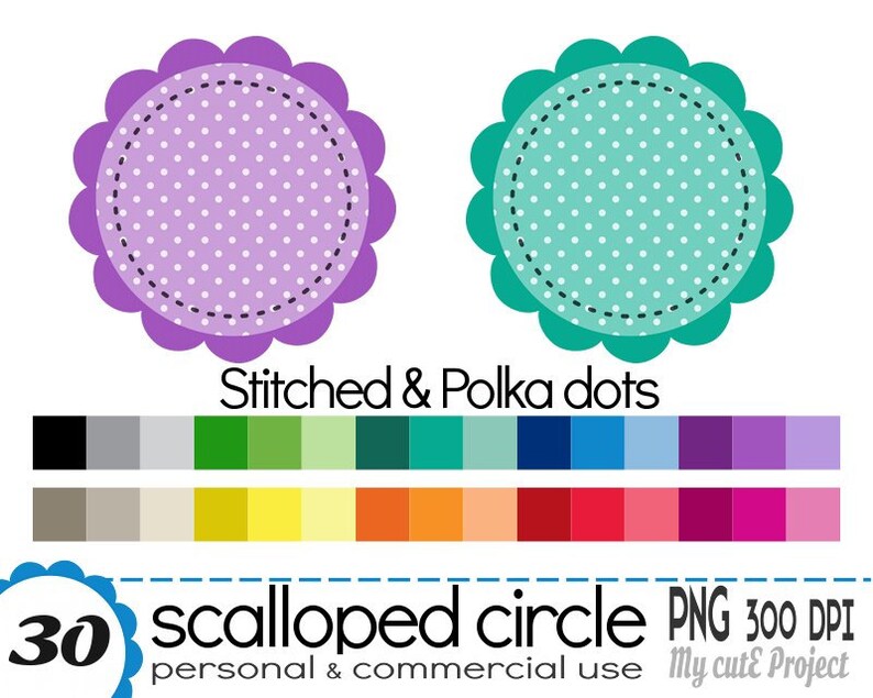 Circle Scalloped Stitched & Polka Dots Center Clipart 30 - Etsy