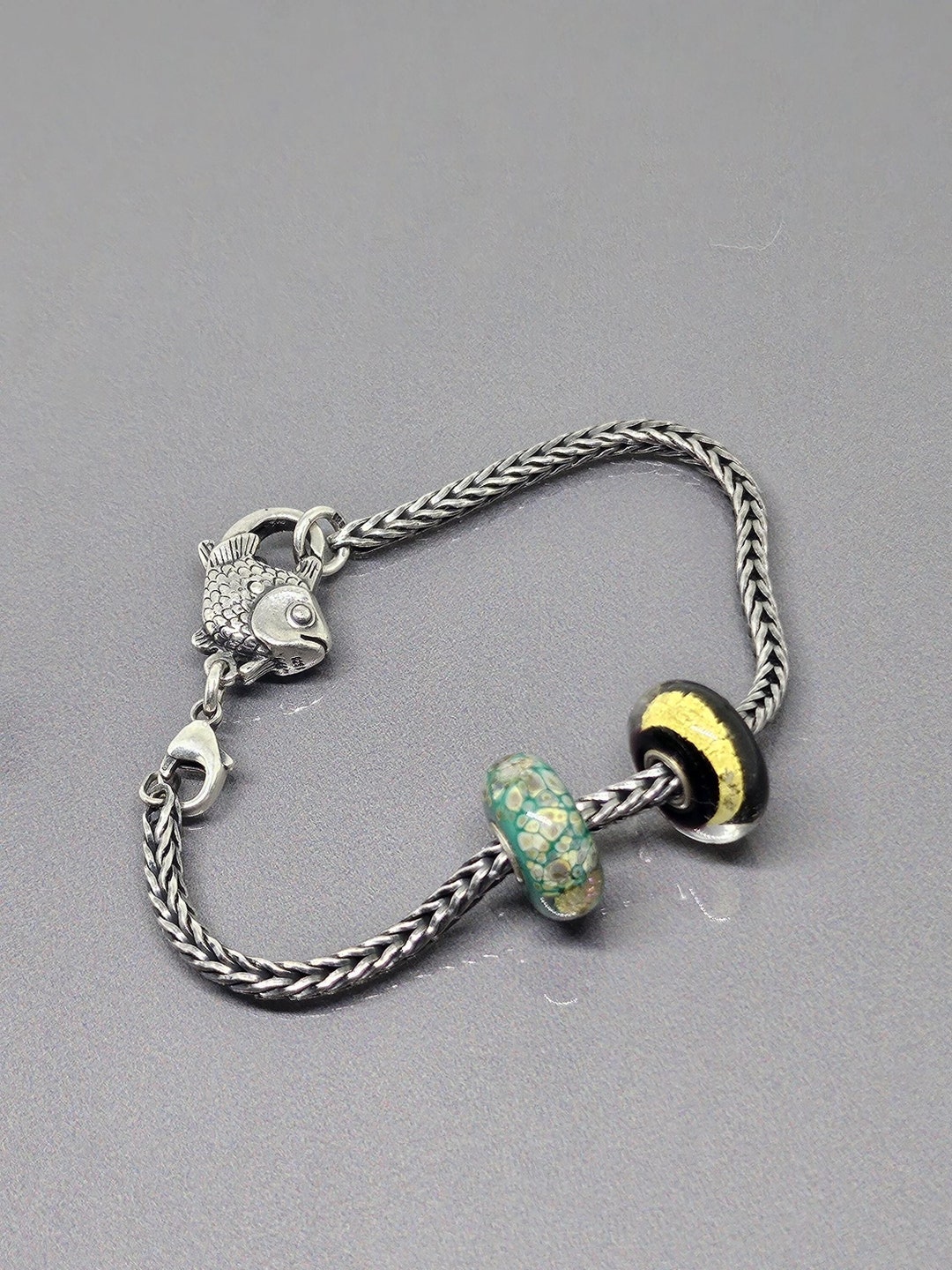 Trollbeads Bracelet Wheat Chain 16cm Big Fish Lock Glass Bead Charms ...
