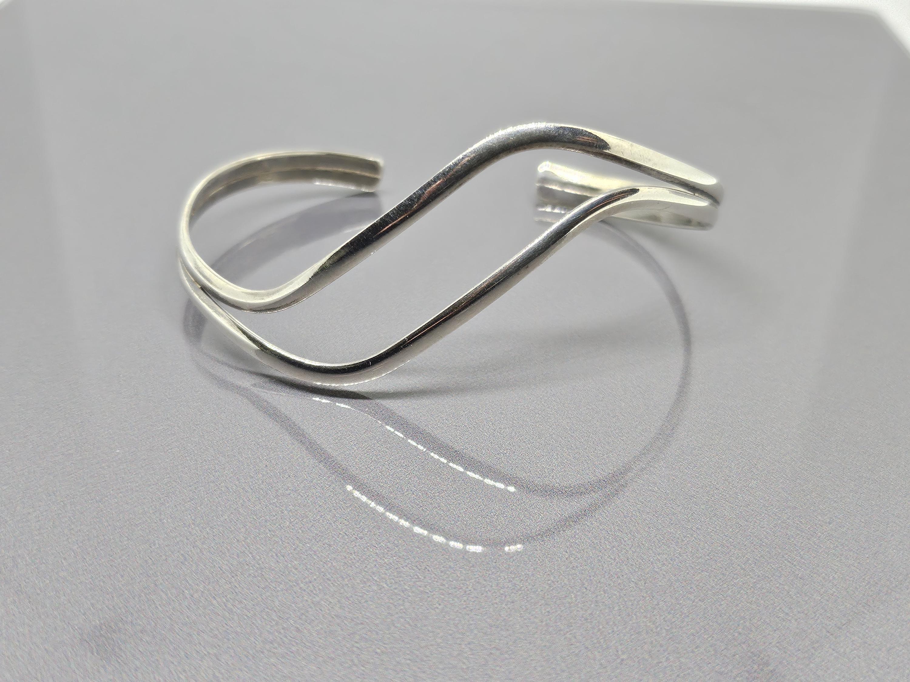 Double Wave Bangle Bracelet Open Wave Cuff Bravelet 925 Sterling Silver ...