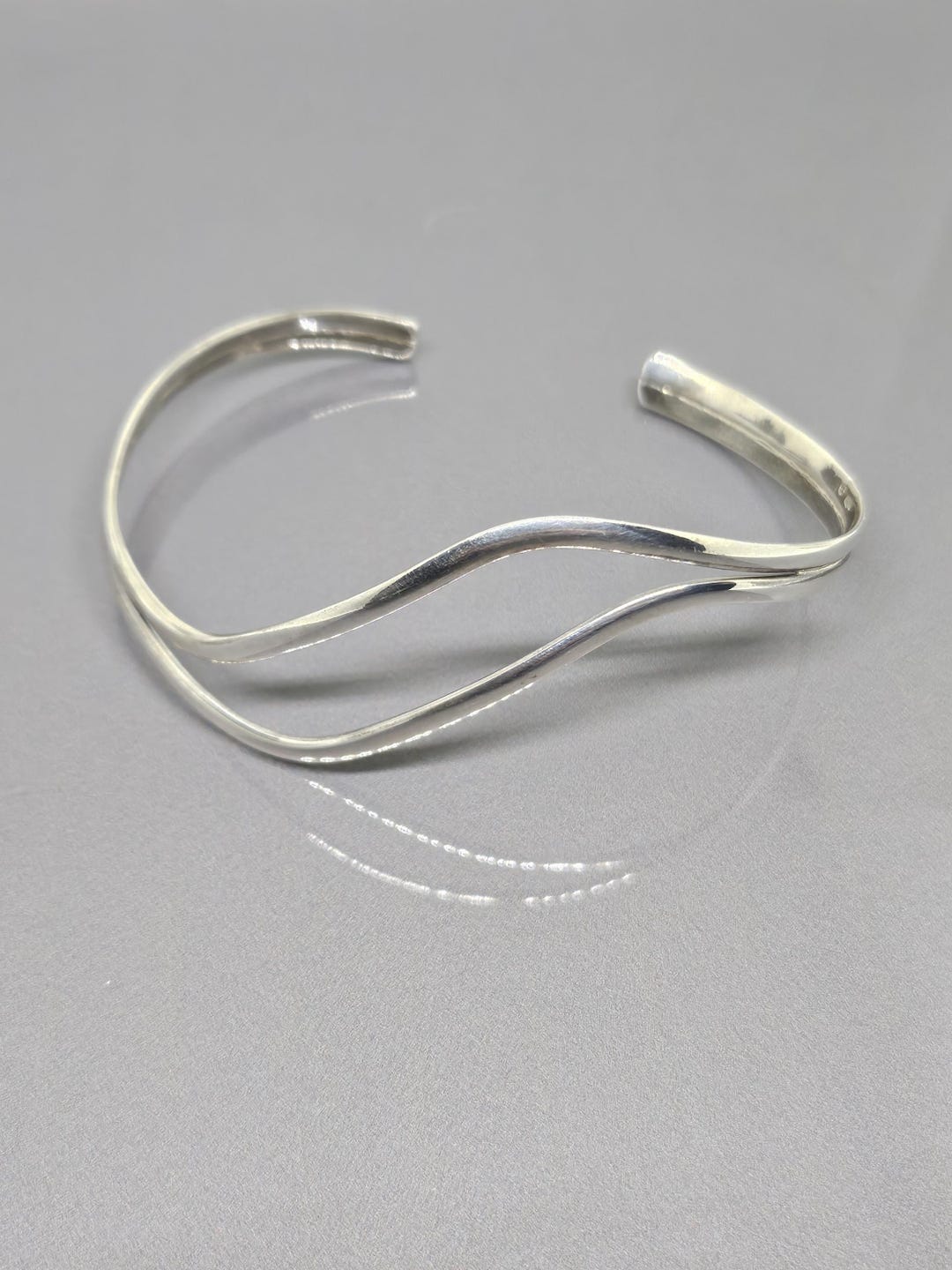 Double Wave Bangle Bracelet Open Wave Cuff Bravelet 925 Sterling Silver ...