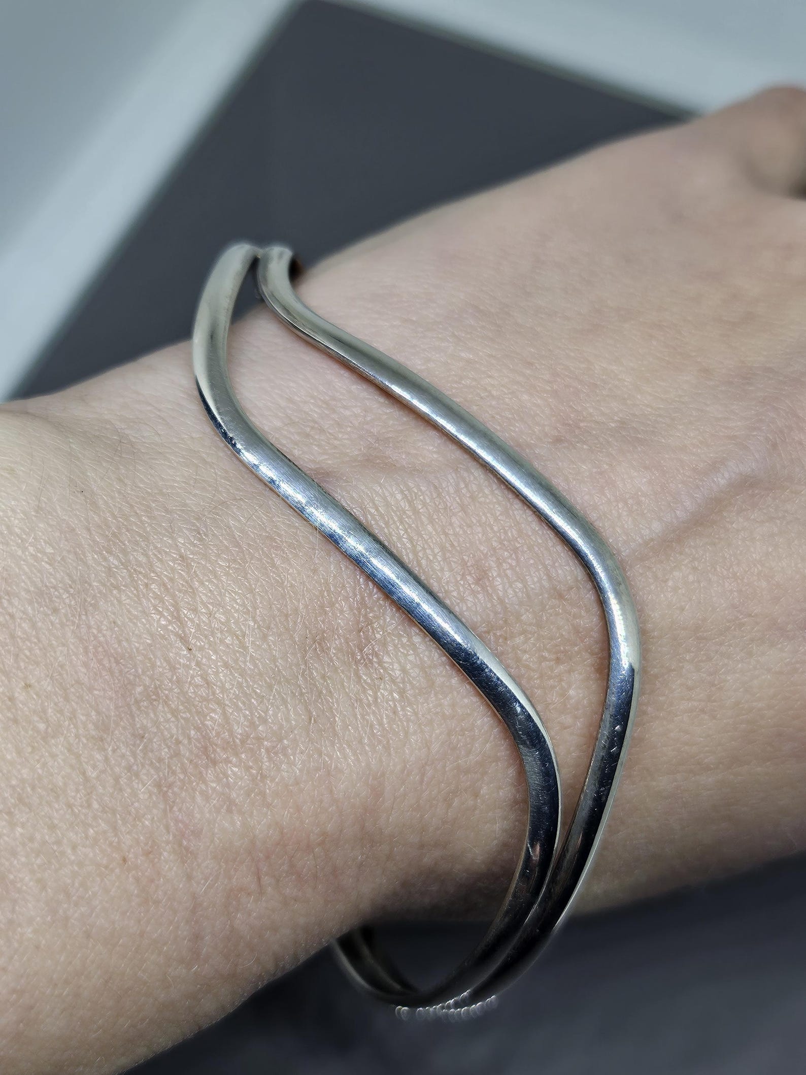 Double Wave Bangle Bracelet Open Wave Cuff Bravelet 925 Sterling Silver ...