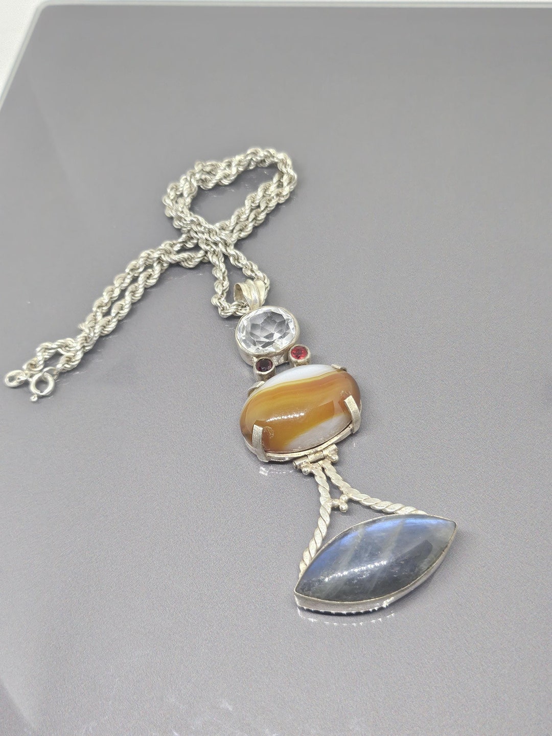 Large Gemstone Pendant Necklace, Quartz Garnet Agate and Labradorite ...