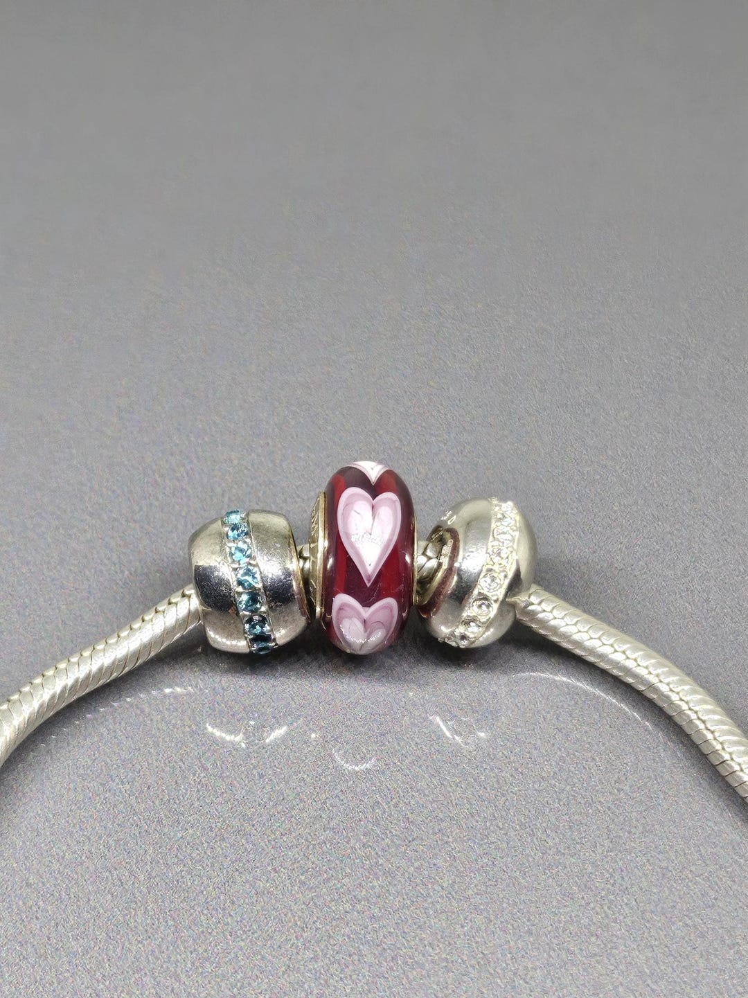 CHAMILIA Blue Crystals Cosmo Bead Red Row of Hearts Murano Glass Bead ...