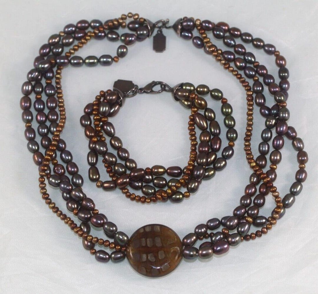 Fab! Mignon Faget Multi Strand Pearl Necklace and Bracelet Set 925 Dark ...
