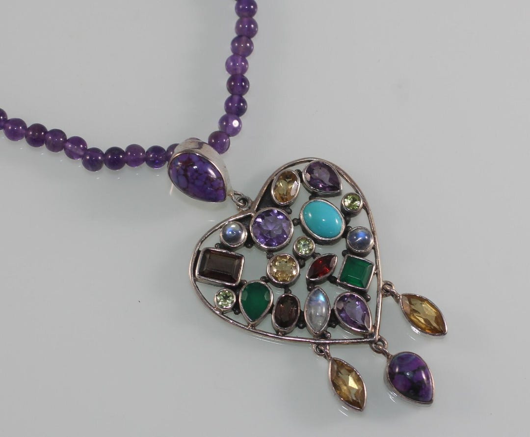 Fab! NICKY BUTLER Numbered Multi Gemstone Heart Necklace Natural ...