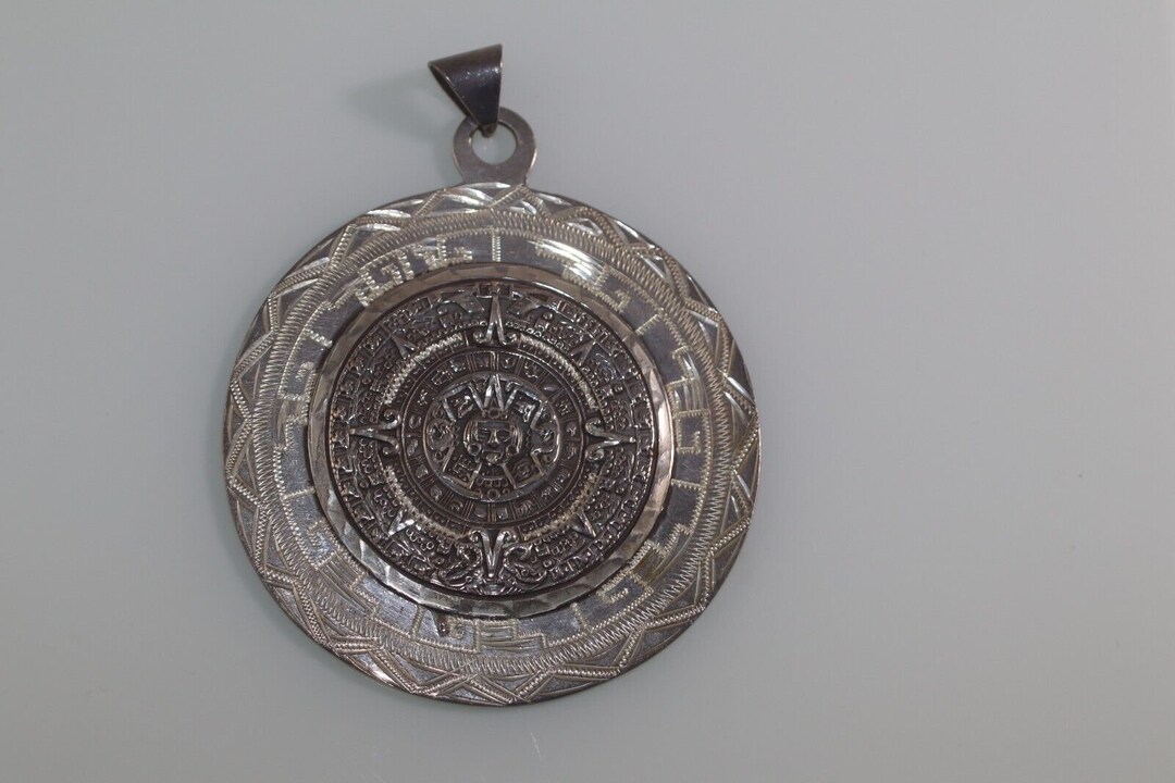 Huge Sterling Silver Aztec Mexican Mayan Calendar Charm Pendant 53 ...