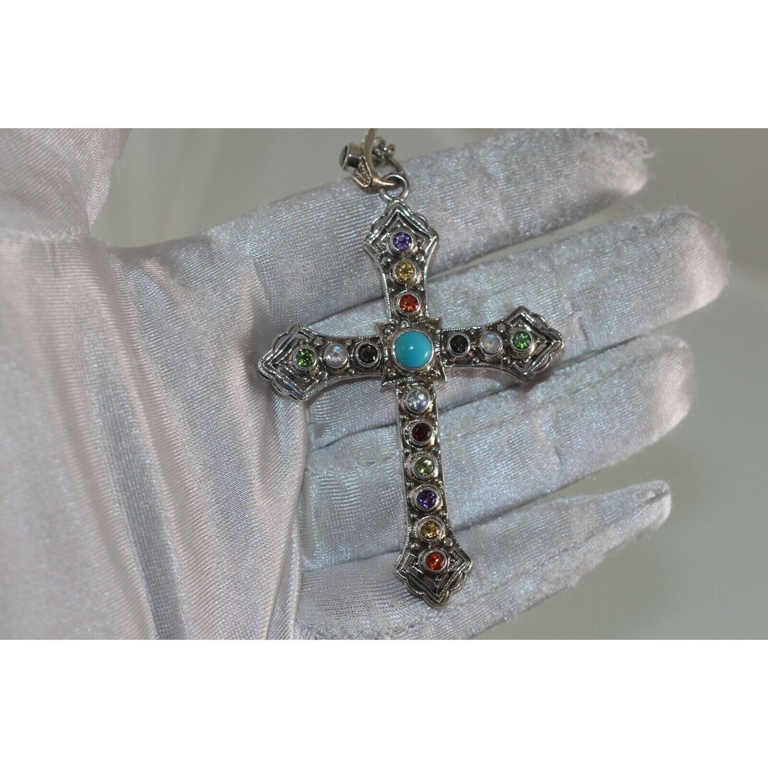 FAB Nicky Butler Multi Gem Cross Pendant Chain Necklace Turquoise ...