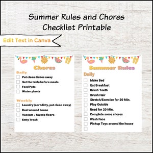 Editable Chores List and Summer Rules Printable - Etsy