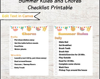 Editable Summer Chore Chart for Kids, to Do List for Children, Daily ...