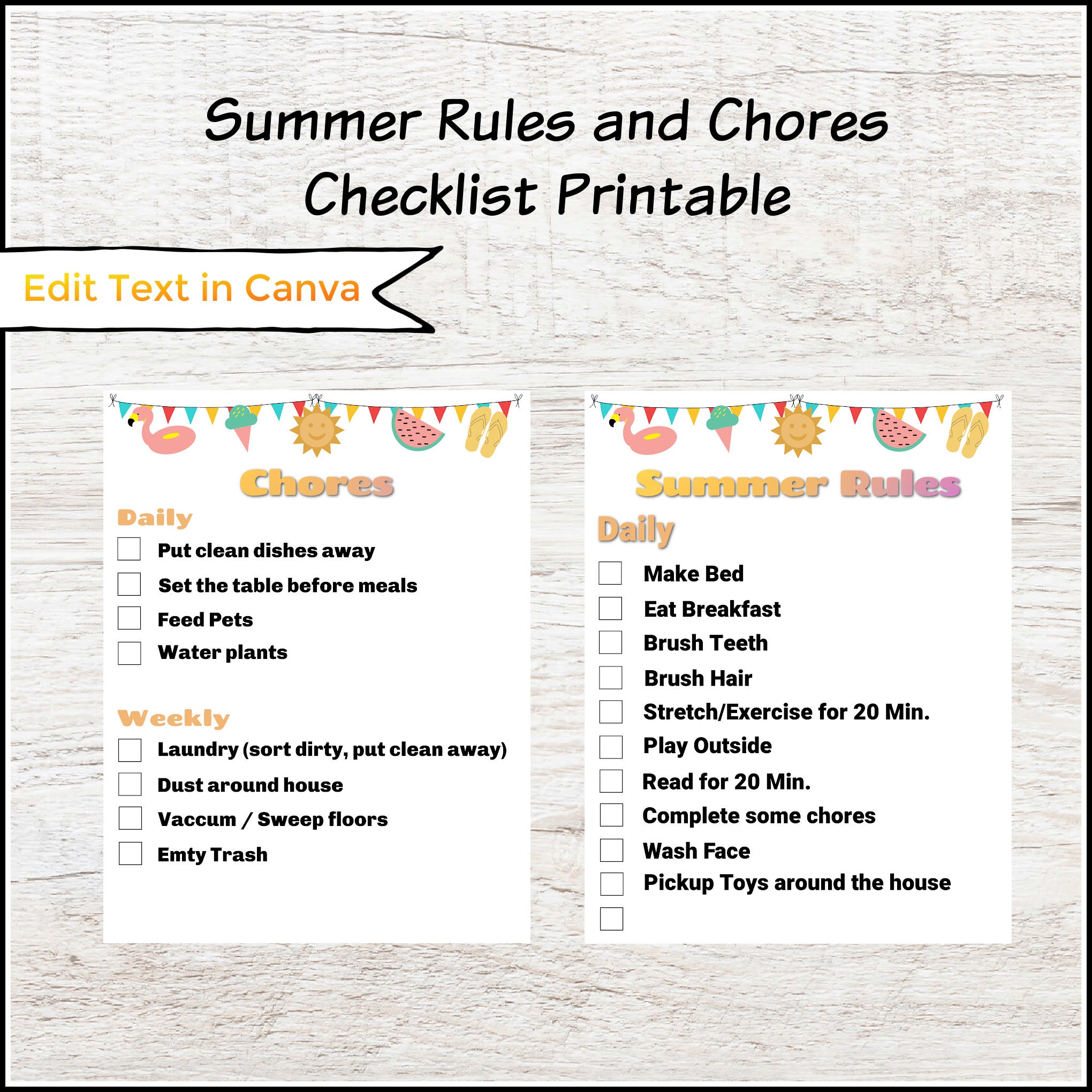 Editable Chores List and Summer Rules Printable - Etsy