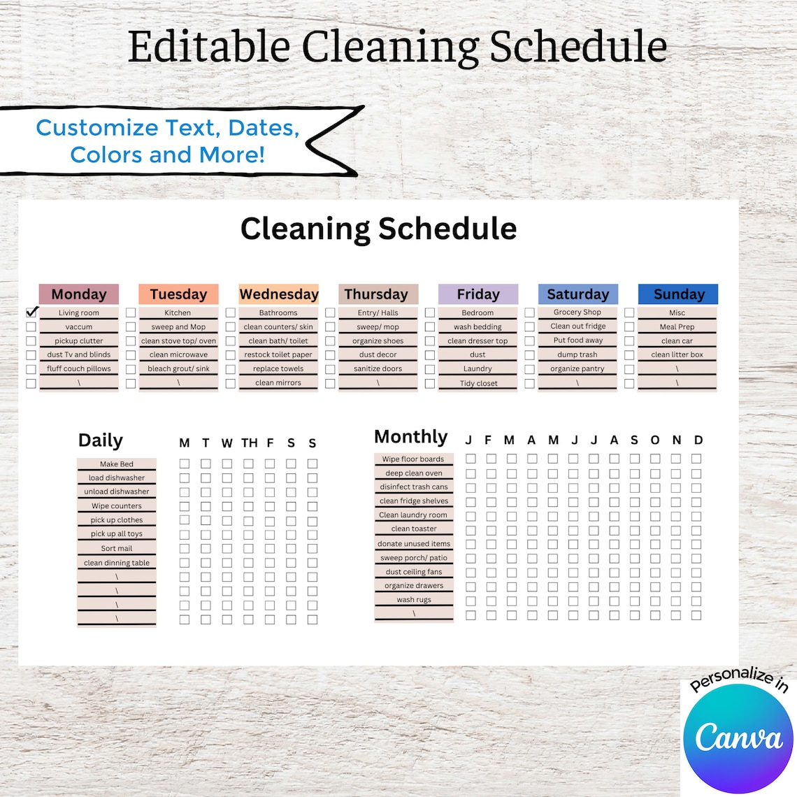 Editable Cleaning Schedule | Printable | Daily, Weekly, Monthly ...