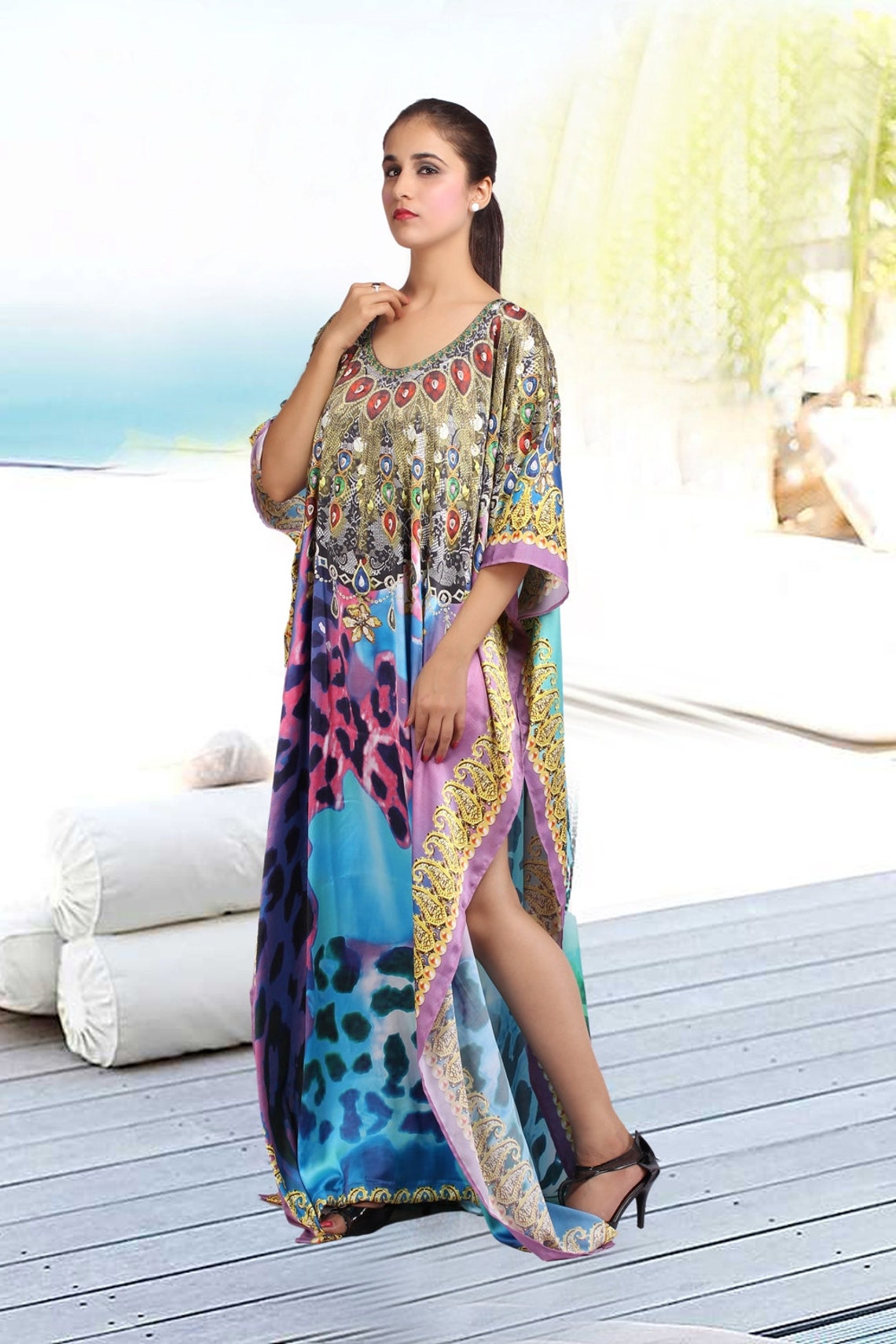 Silk Feel Kaftan's Animal Print Full Length Jewelled | Etsy