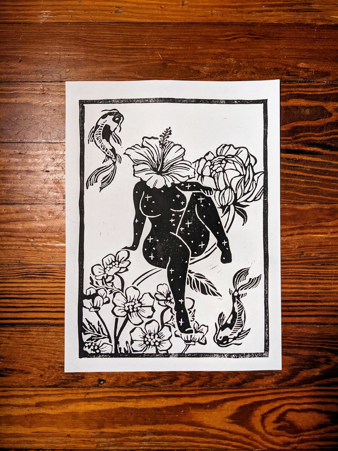 Cosmic Flower Goddess / Hibiscus, Peony, Poppy / Witchy Surreal Lino ...