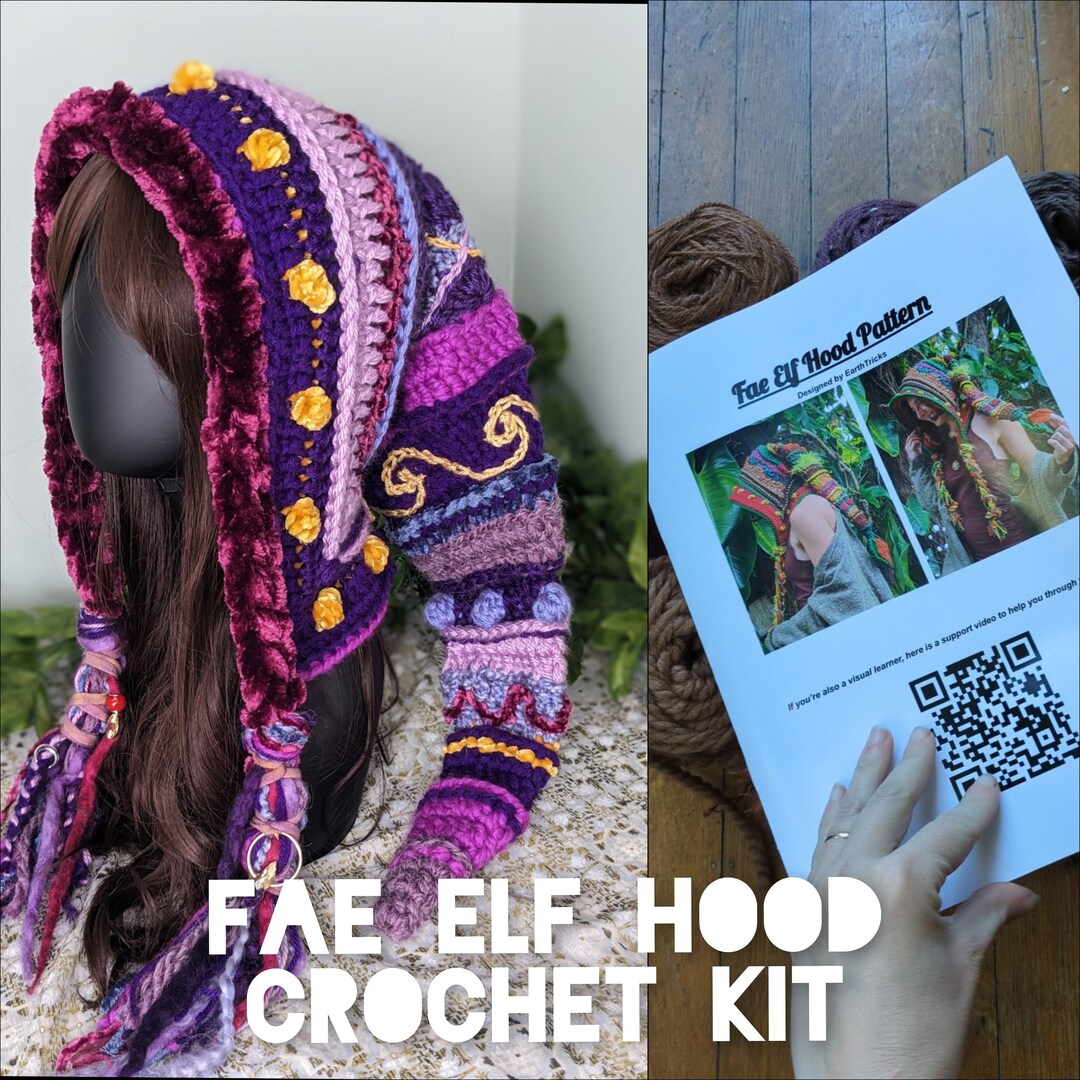 Fae Elf Hood Bundle Crochet Kit / 16oz Yarn, a Pompom and a Pattern ...