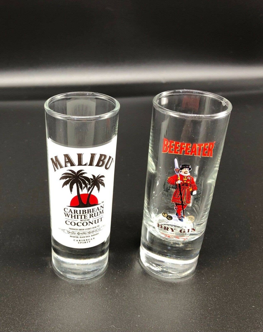 Shot Glasses Beefeater and Malibu Set of 2 Collectible Barware - Etsy