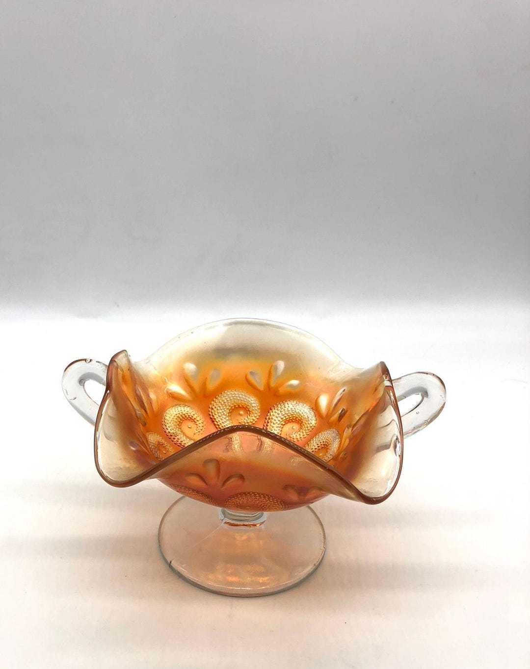 Gorgeous Dugan Amber Question Mark Ruffled Footed Handled Glass Candy ...