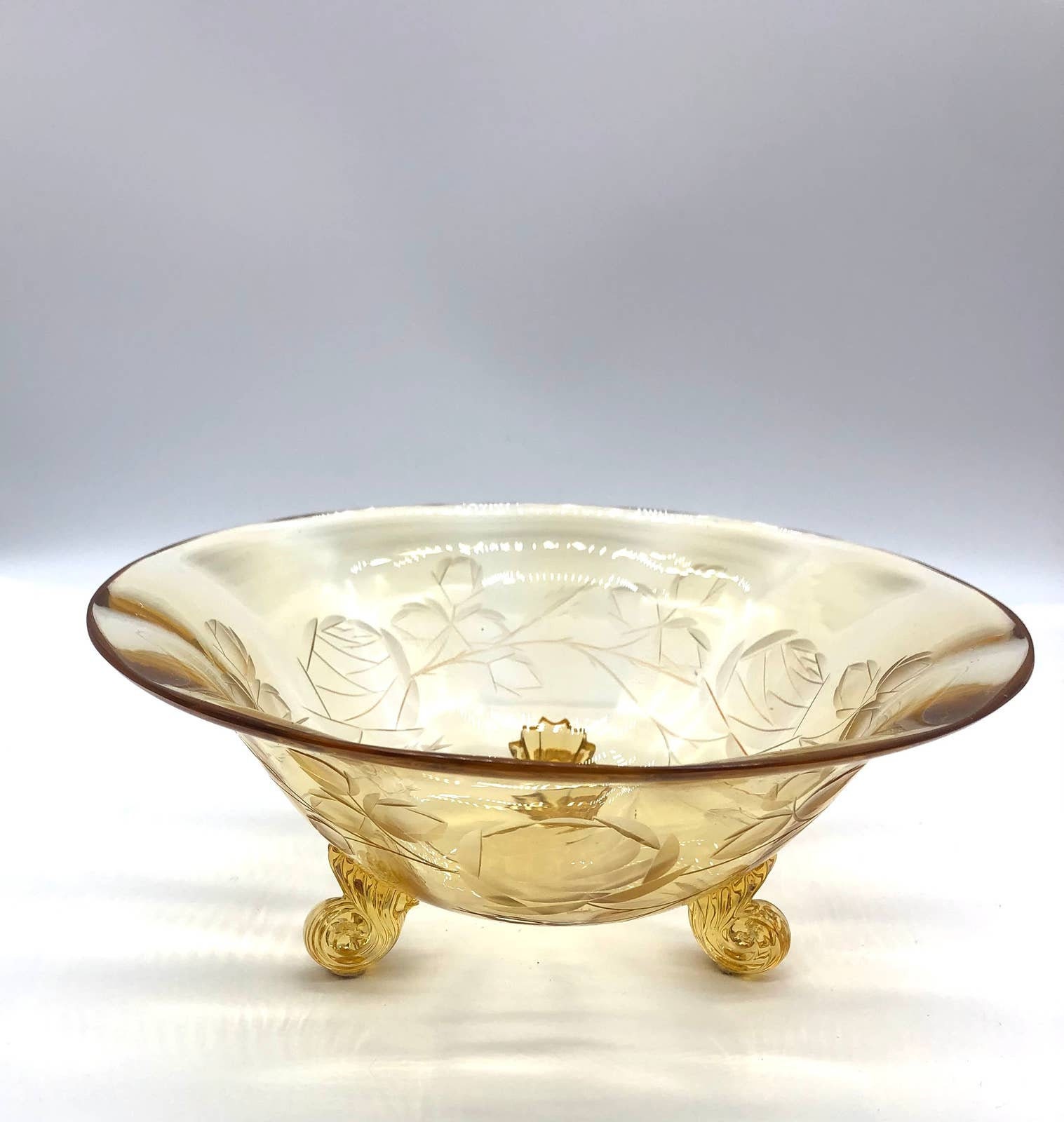 Gorgeous Yellow Glass Art Deco Style Etched Three Foot Bowl - Etsy