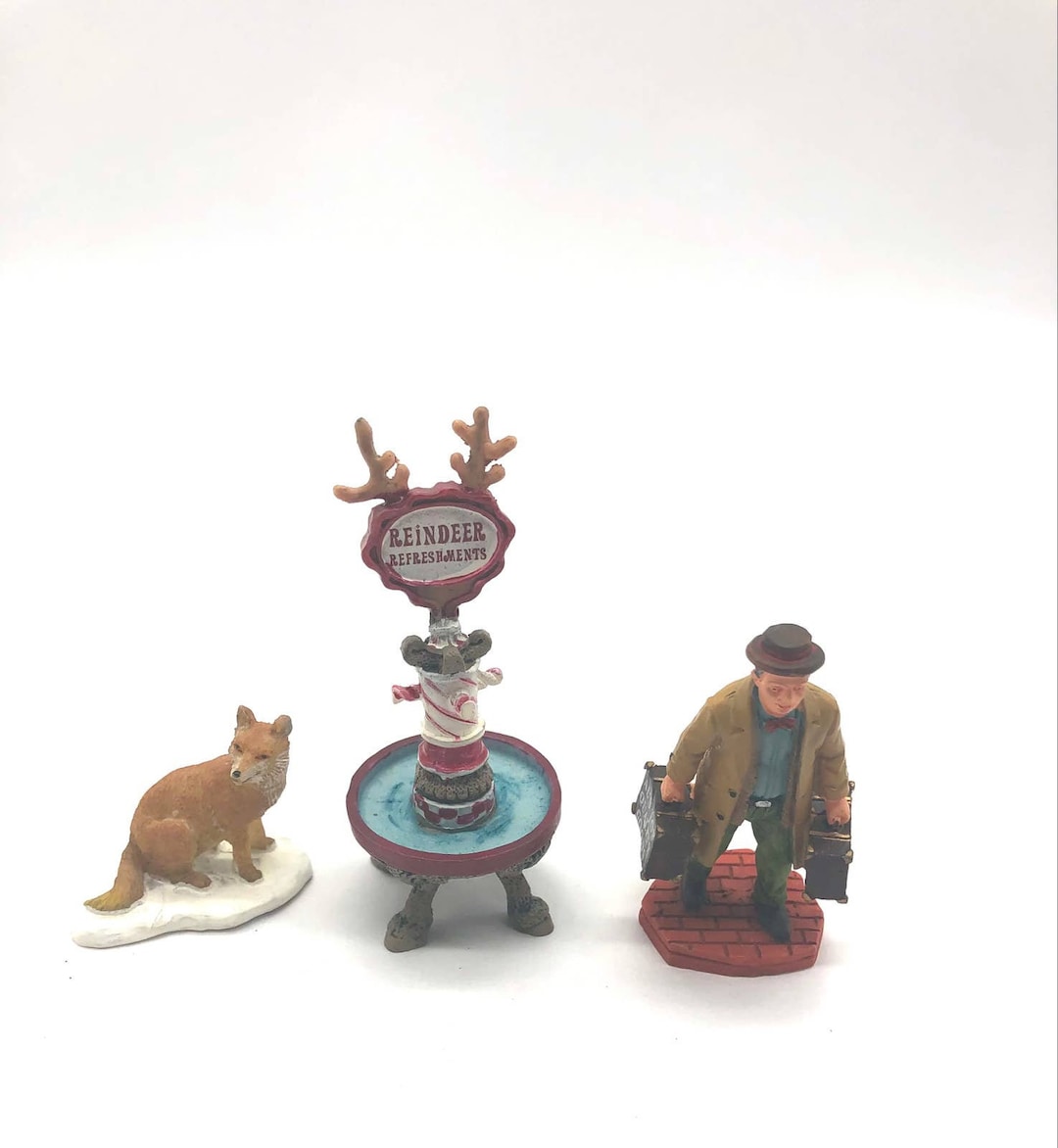 Three Lemax Village Miniature Village Figurines Reindeer Fountain Fox ...