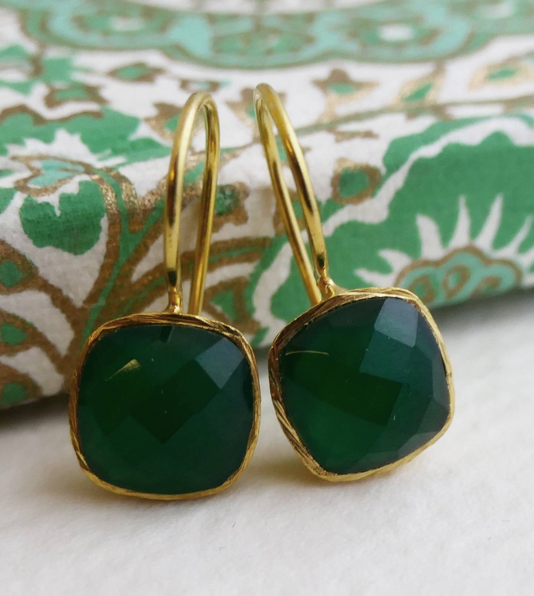 Green Onyx Earrings – Gold Drop Cushion Cut Sterling Silver Dangle ...