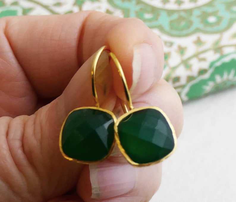 Green Onyx Earrings – Gold Drop Cushion Cut Sterling Silver Dangle ...